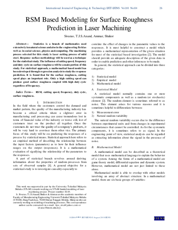 (PDF) RSM Based Modeling for Surface Roughness Prediction in Laser Machining