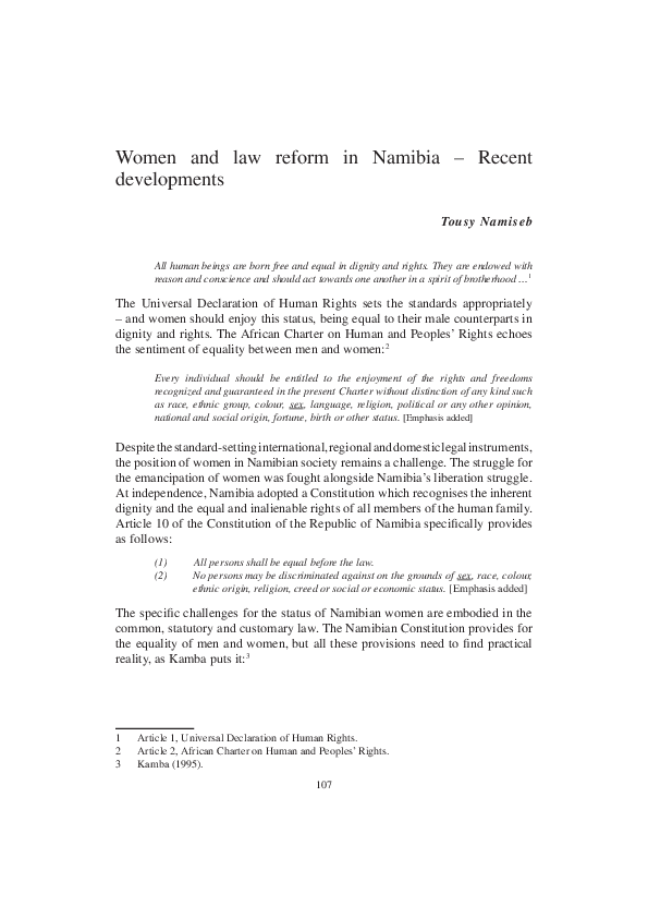 (PDF) Women and law reform in Namibia – Recent developments