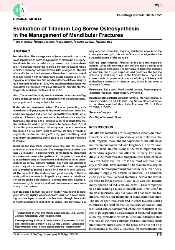 (PDF) Evaluation of Titanium Lag Screw Osteosynthesis in the Management ...
