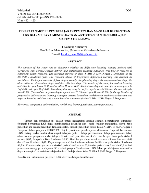 (PDF) Penerapan Model Pembelajaran Pemecahan Masalah Berbantuan LKS Dalam Upaya Meningkatkan ...