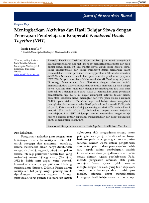 (PDF) Meningkatkan Aktivitas dan Hasil Belajar Siswa dengan Penerapan Pembelajaran Kooperatif ...
