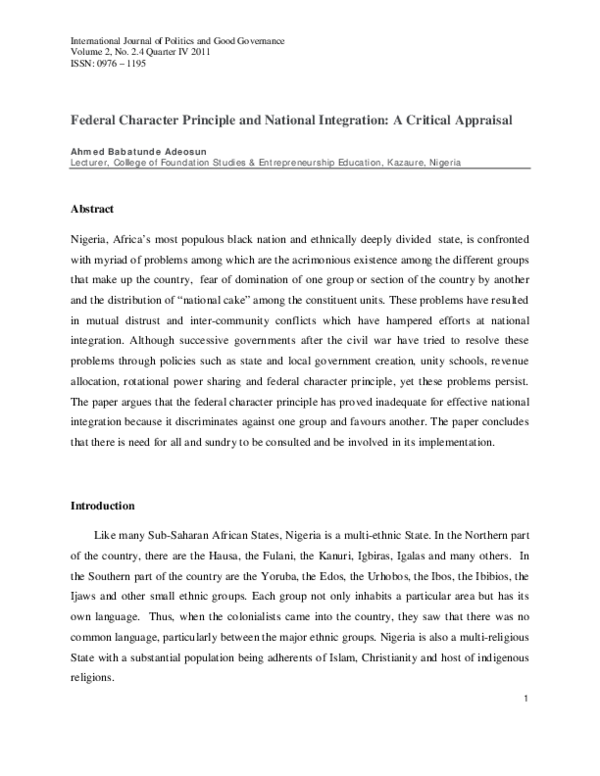 (PDF) Federal Character Principle and National Integration: A Critical ...