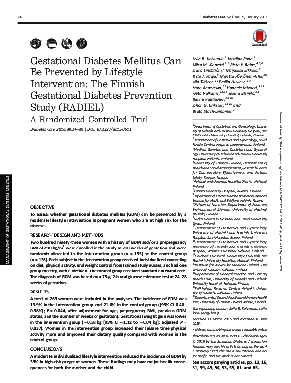 (PDF) Gestational Diabetes Mellitus Can Be Prevented by Lifestyle ...