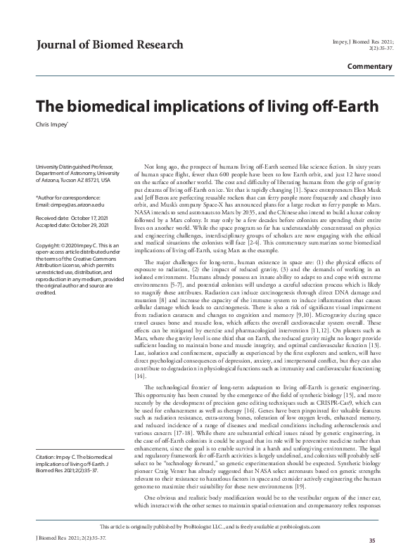 (PDF) The biomedical implications of living off-Earth | Chris D. Impey ...