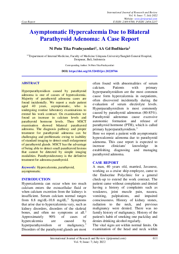 (PDF) Asymptomatic Hypercalcemia Due to Bilateral Parathyroid Adenoma ...