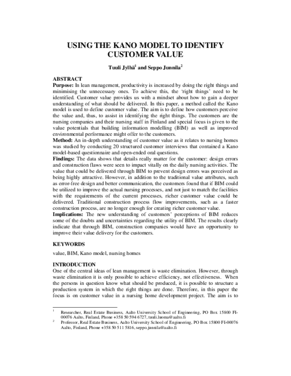 (PDF) Using the Kano Model to Identify Customer Value