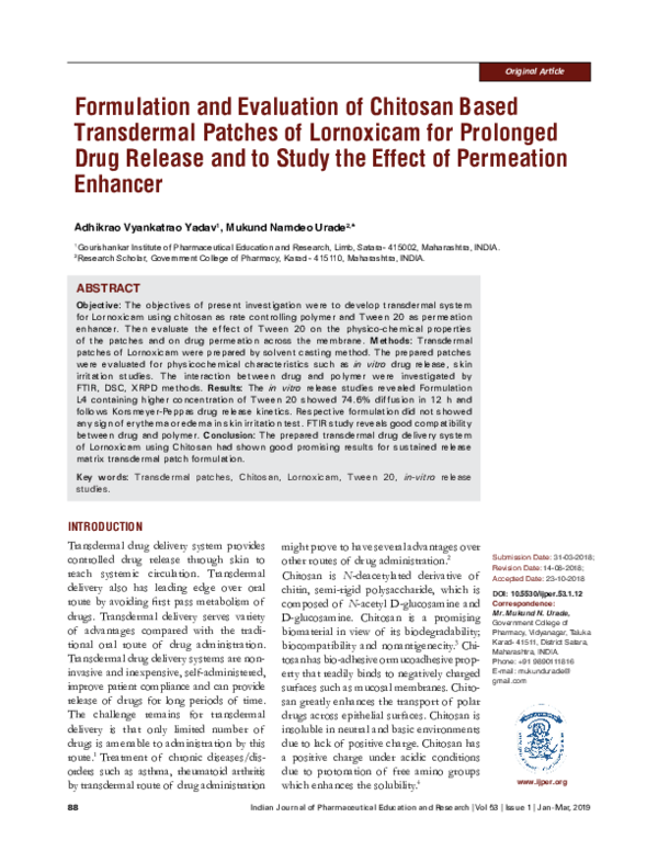 Pdf Formulation And Evaluation Of Chitosan Based Transdermal Patches Of Lornoxicam For