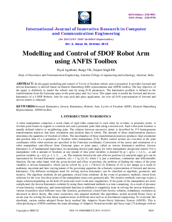 Pdf Modelling And Control Of 5dof Robot Arm Using Anfis Toolbox