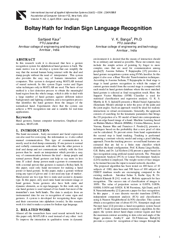 (PDF) Boltay Hath for Indian Sign Language Recognition