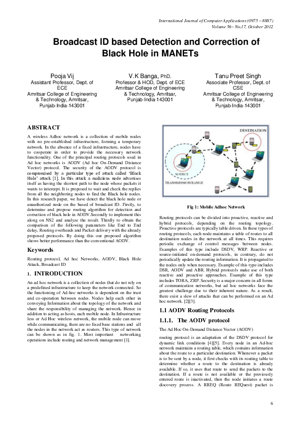 (PDF) Broadcast ID based Detection and Correction of Black Hole in MANETs | Dr Vijay Kumar Banga ...