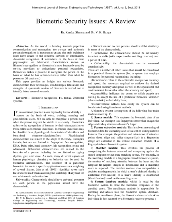 (PDF) Biometric Security Issues: A Review