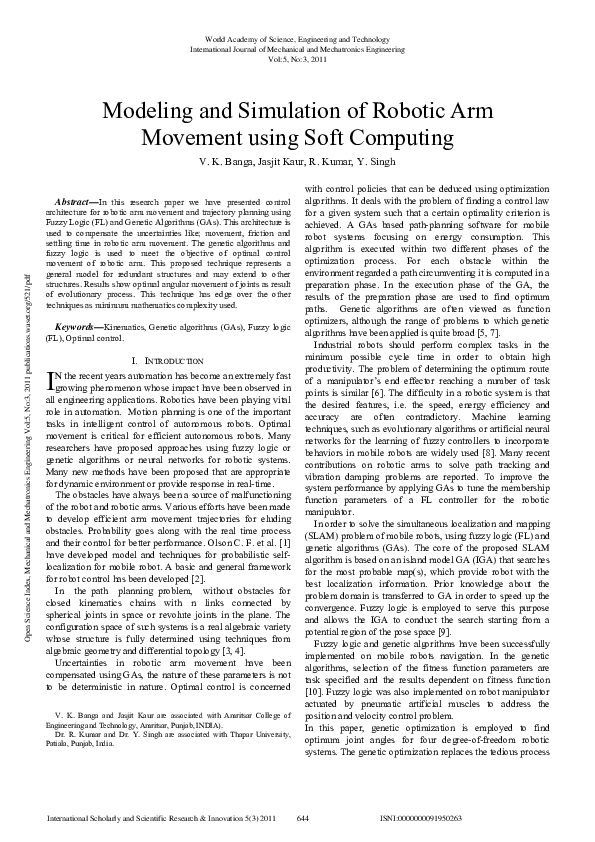 Pdf Modeling And Simulation Of Robotic Arm Movement Using Soft Computing