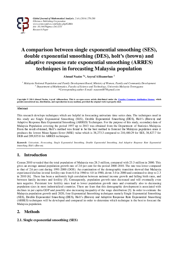 (PDF) A comparison between single exponential smoothing (SES), double ...