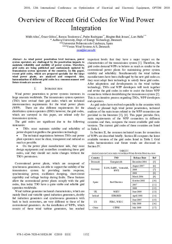 (PDF) Overview of recent grid codes for wind power integration