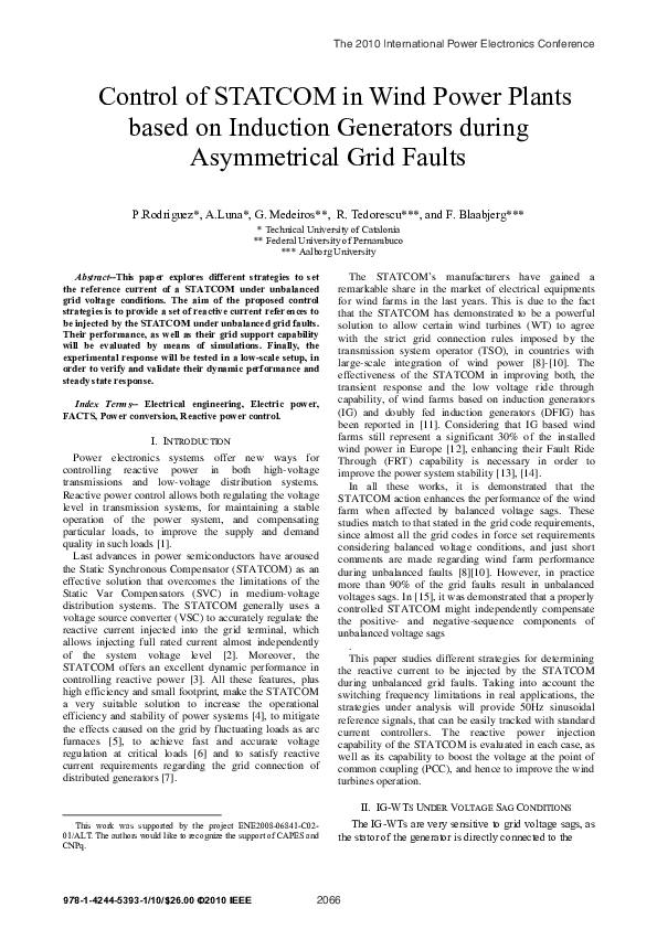 (PDF) Control of STATCOM in wind power plants based on induction generators during asymmetrical ...