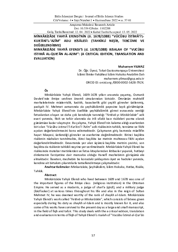 (PDF) Mi̇nkâri̇zâde Yahyâ Efendi̇’Ni̇n “Vücûbu İsti̇mâ‘İ'L-Kur'Âni̇’L ...
