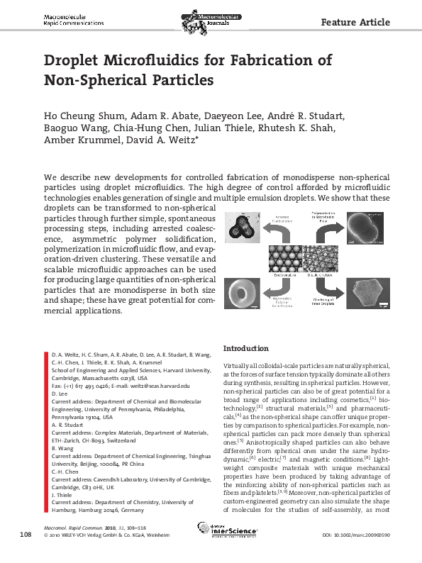 (PDF) Droplet Microfluidics for Fabrication of Non-Spherical Particles
