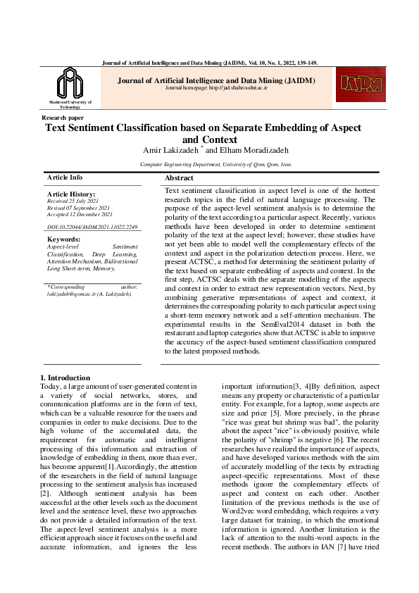 Pdf Text Sentiment Classification Based On Separate Embedding Of Aspect And Context Amir
