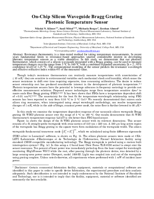(PDF) On-chip silicon waveguide Bragg grating photonic temperature sensor