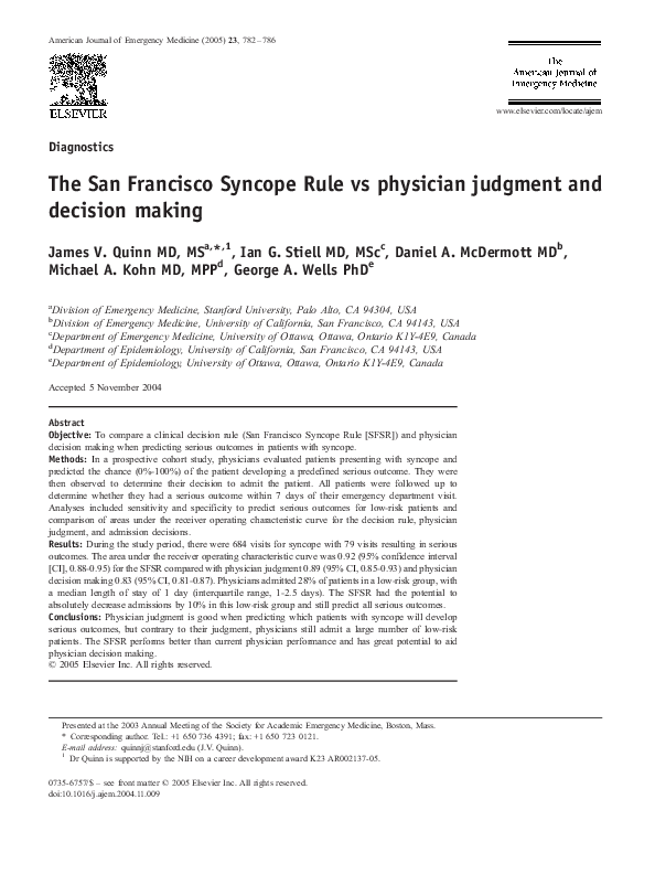 (PDF) The San Francisco Syncope Rule vs physician judgment and decision ...