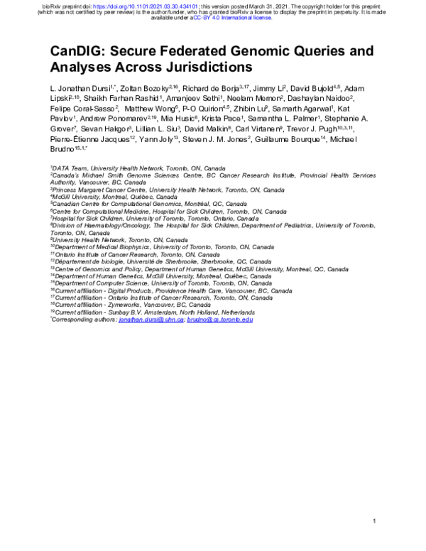 (PDF) CanDIG: Secure Federated Genomic Queries and Analyses Across Jurisdictions | Neelam Memon ...