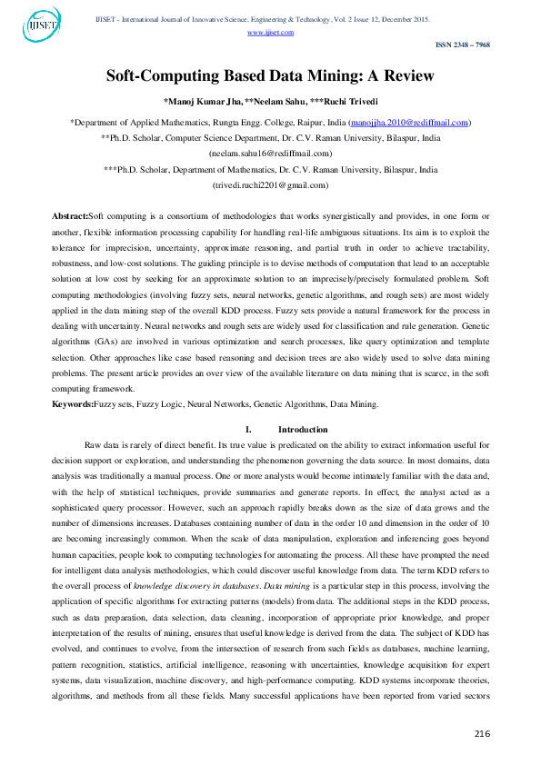 Pdf Soft Computing Based Data Mining A Review