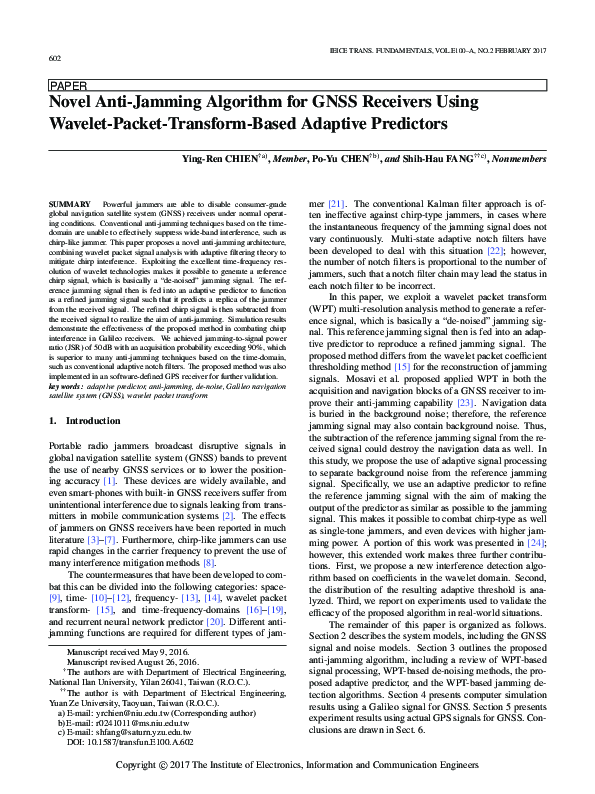 (PDF) Novel Anti-Jamming Algorithm for GNSS Receivers Using Wavelet-Packet-Transform-Based ...