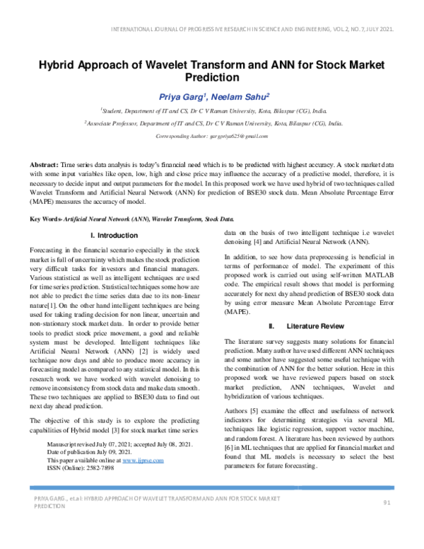 (PDF) Hybrid Approach of Wavelet Transform and ANN for Stock Market ... (PDF) Hybrid Approach of Wavelet Transform and ANN for Stock Market ...