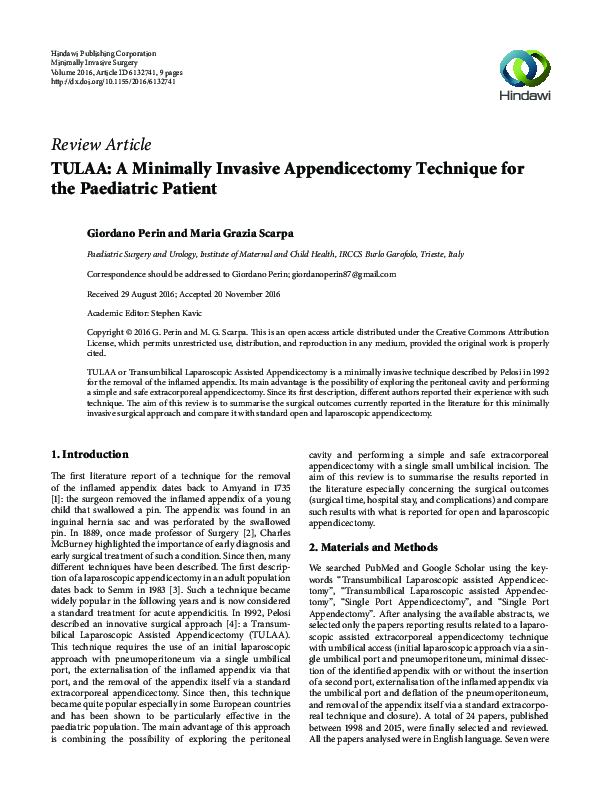 (PDF) TULAA: A Minimally Invasive Appendicectomy Technique for the ...