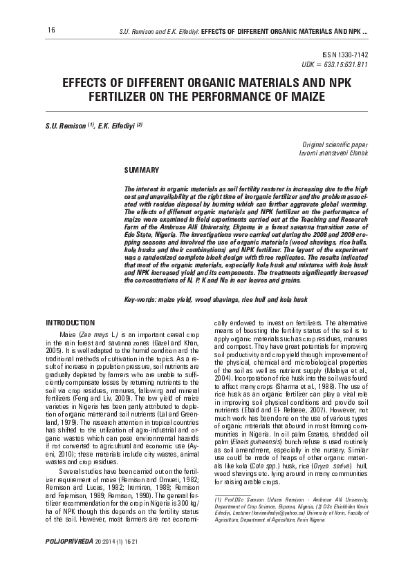 (PDF) effects of different organic materials and NPK fertilizer on the performance of maize