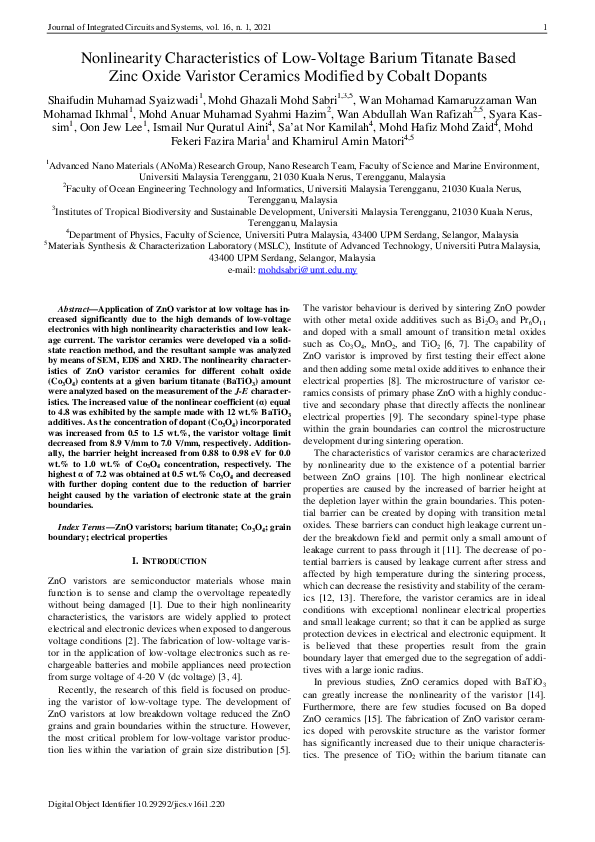 (PDF) Nonlinearity Characteristics of Low-Voltage Barium Titanate Based Zinc Oxide Varistor ...