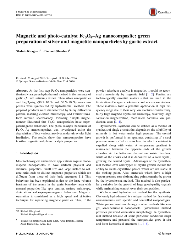 (PDF) Magnetic and photo-catalyst Fe3O4–Ag nanocomposite: green ...