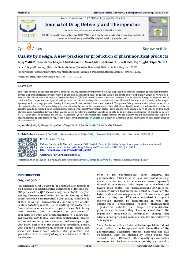 (PDF) Quality by Design: A new practice for production of pharmaceutical products