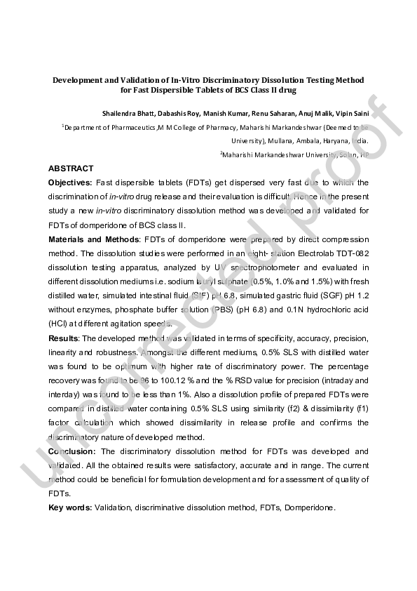 Pdf Development And Validation Of In Vitro Discriminatory Dissolution