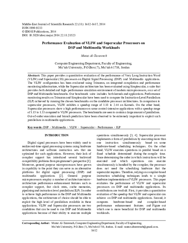 (PDF) Performance Evaluation of VLIW and Superscalar Processors on DSP and Multimedia Workloads