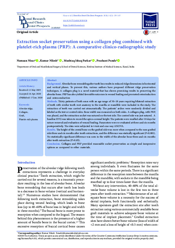 (PDF) Extraction socket preservation using a collagen plug combined ...