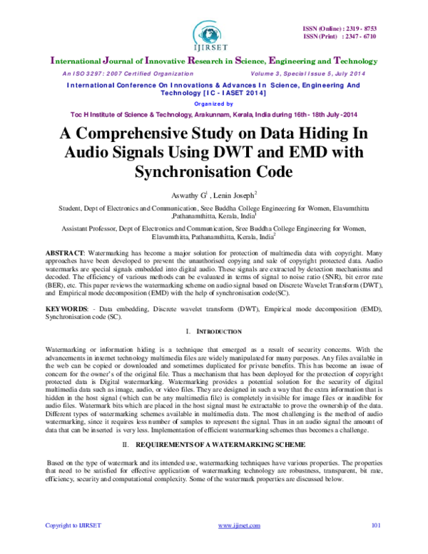 (PDF) Comprehensive Study on Data Hiding InAudio Signals Using DWT and EMD withSynchronisation Code