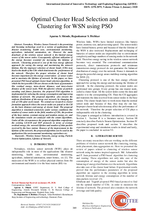 (PDF) Optimal Cluster Head Selection and Clustering for WSN Using PSO
