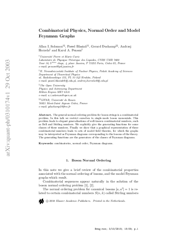 (PDF) Combinatorial Physics, Normal Order and Model Feynman Graphs (PDF) Combinatorial Physics, Normal Order and Model Feynman Graphs
