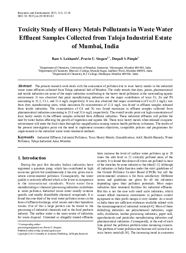 (PDF) Toxicity Study of Heavy Metals Pollutants in Waste Water Effluent ...