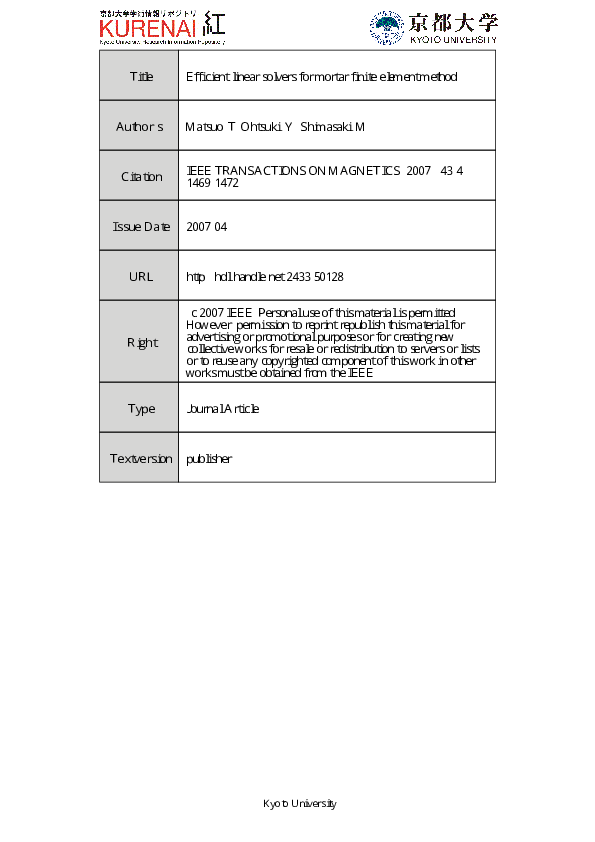 Pdf Efficient Linear Solvers For Mortar Finite Element Method T Matsuo 