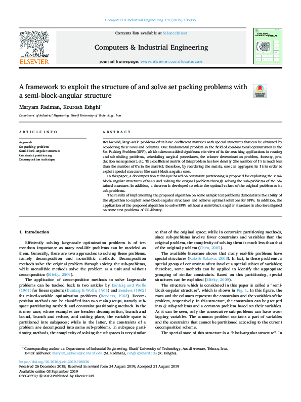 Pdf A Framework To Exploit The Structure Of And Solve Set Packing Problems With A Semi Block 
