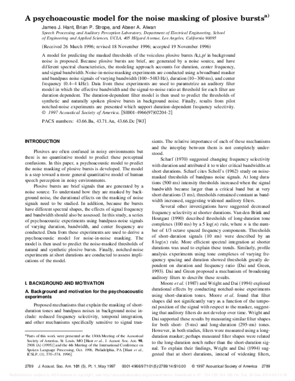 (PDF) A psychoacoustic model for the noise masking of plosive bursts