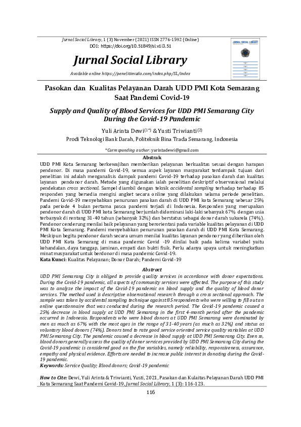 (PDF) Pasokan dan Kualitas Pelayanan Darah UDD PMI Kota Semarang Saat Pandemi Covid-19