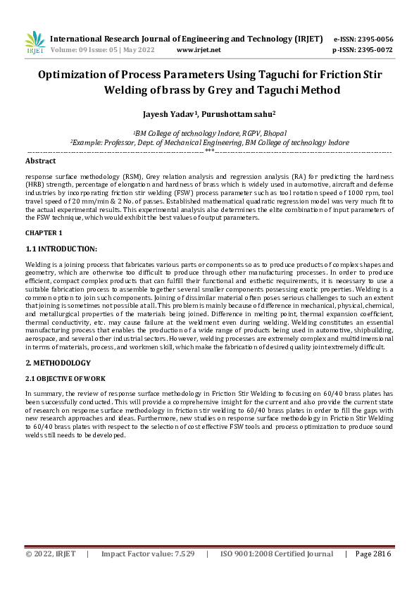 (PDF) Optimization of Process Parameters Using Taguchi for Friction Stir Welding of brass by ...