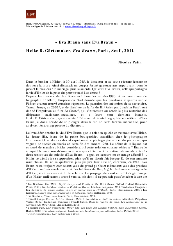 (PDF) Heike B. Görtemaker, Eva Braun, Paris, Seuil, 2011.