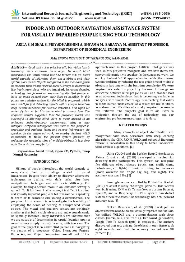 (PDF) INDOOR AND OUTDOOR NAVIGATION ASSISTANCE SYSTEM FOR VISUALLY IMPAIRED PEOPLE USING YOLO ...