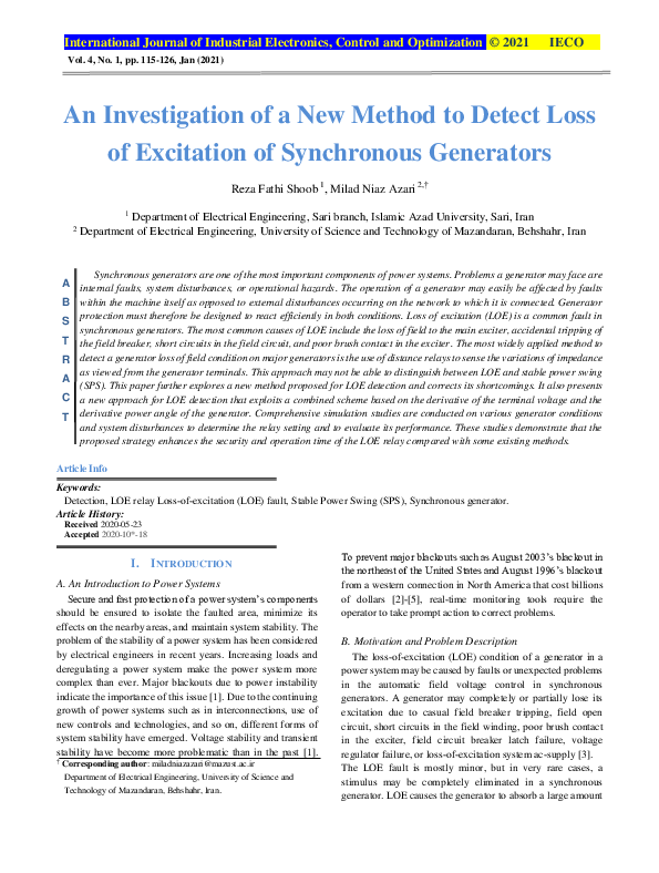 (PDF) An Investigation of a New Method to Detect Loss of Excitation of Synchronous Generators