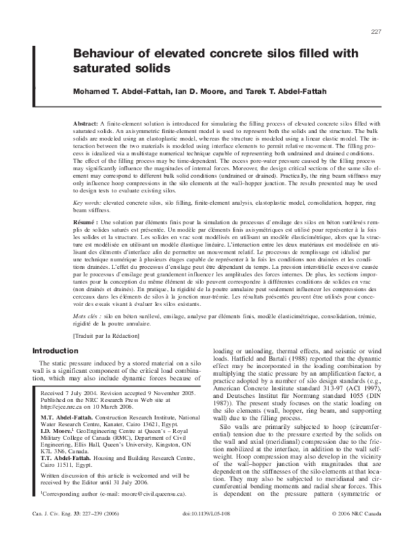 (PDF) Behaviour of elevated concrete silos filled with saturated solids