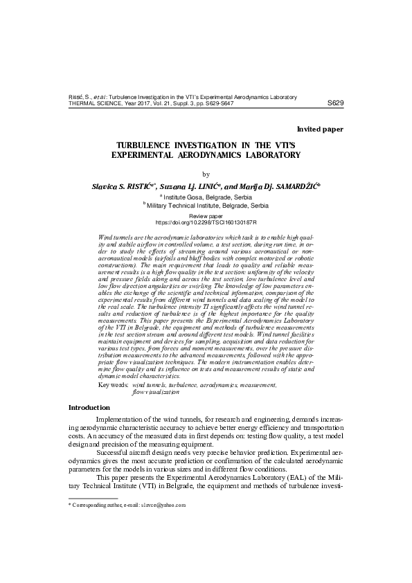 (PDF) Turbulence investigation in the VTI’s experimental aerodynamics laboratory